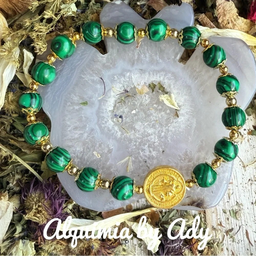 Alquimia | Jewelry | Saint Benedict Beaded Green Malachite And Gold ...